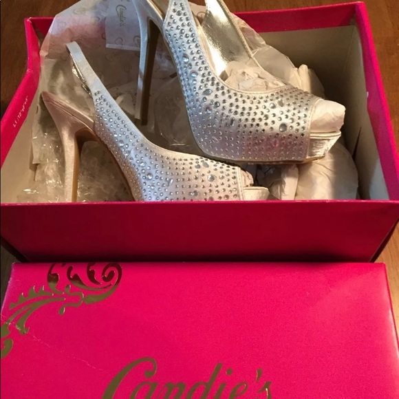 Candie's | Shoes | Candies Silver Satin Embellished Stiletto Platform ...